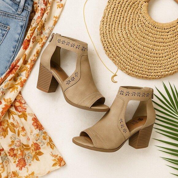 Jellypop | Shoes | Jellypop Taupe Laser Cut Peep Toe Bootie Sandals Zip ...